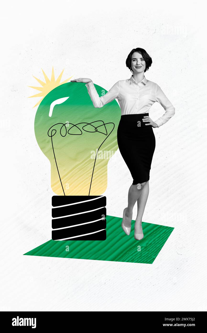 Vertical graphics collage image of young girl entrepreneur touch light ...