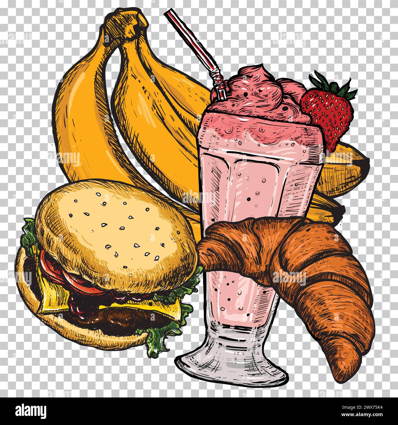 Vintage fast food poster. Hand drawn illustration. Hamburger, tomatoes ...