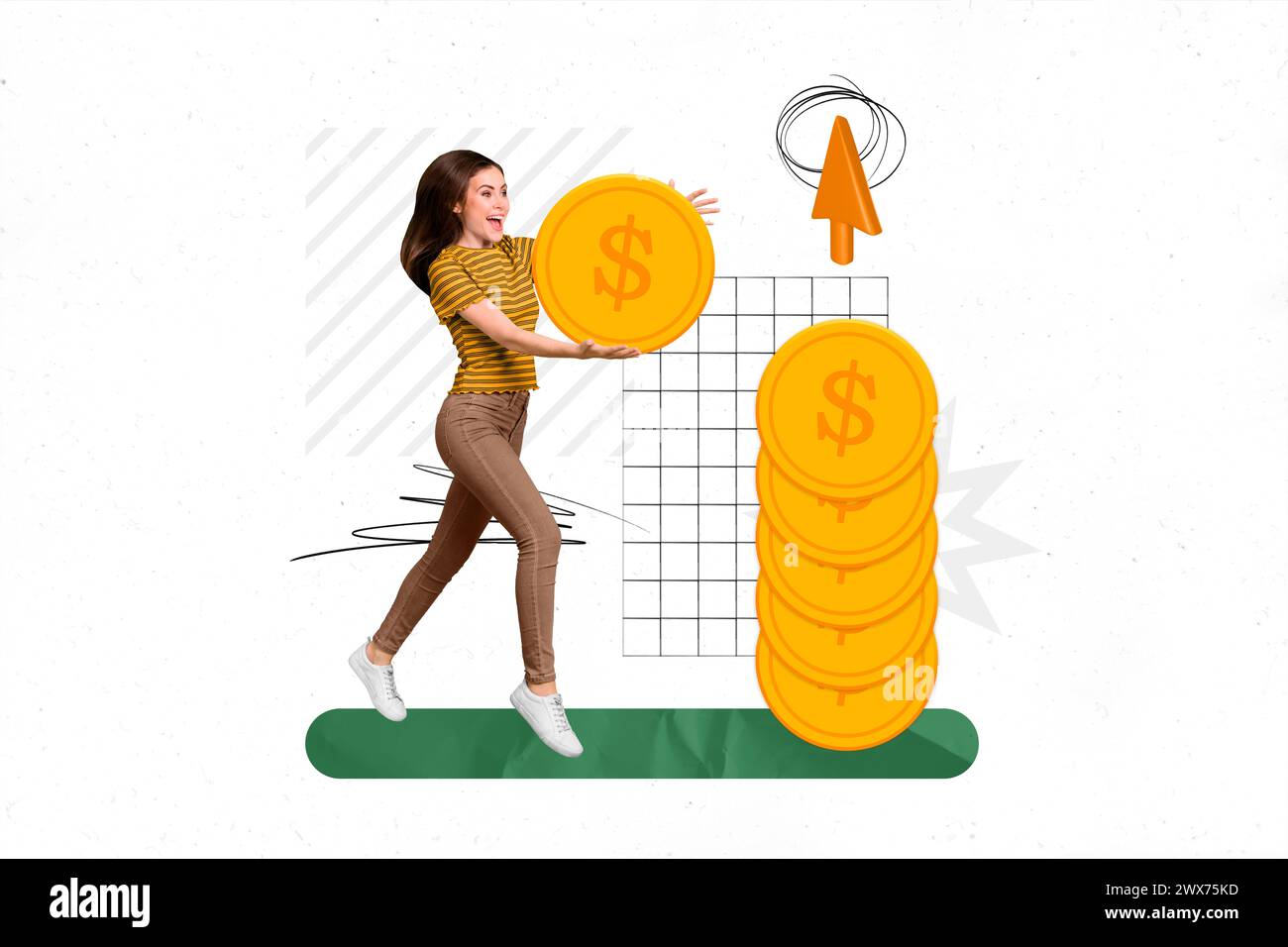 Collage young woman carry golden coin collect savings cryptocurrency tokens earnings successful ...