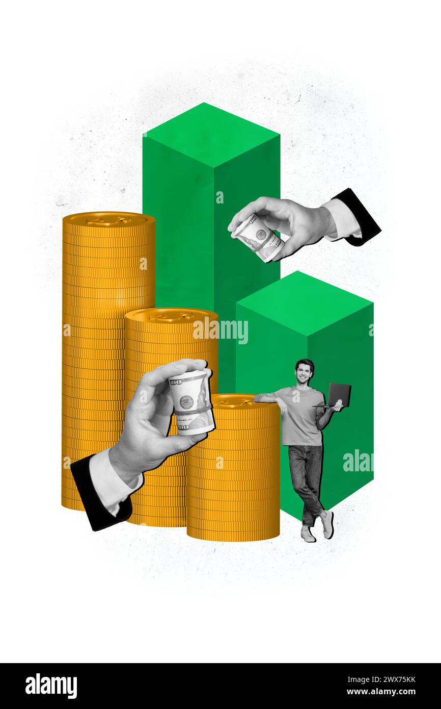 Vertical graphics collage image of happy young trader hold laptop gold ...