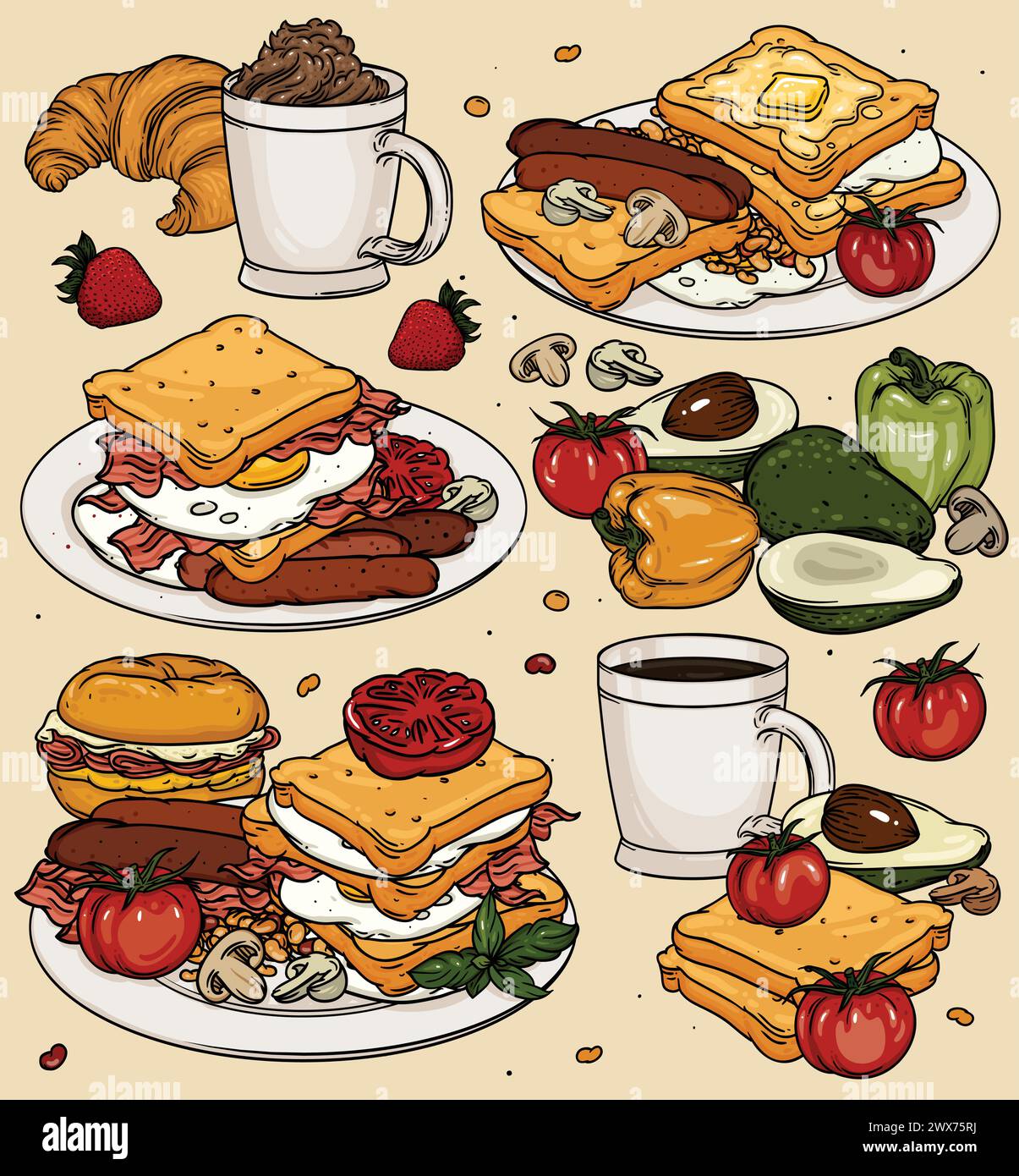 Classic breakfast cartoon set with eggs, toast and coffee. Vector color ...