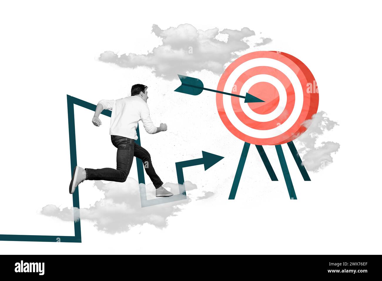 Collage running young ambitious man direction arrow hit target center ...