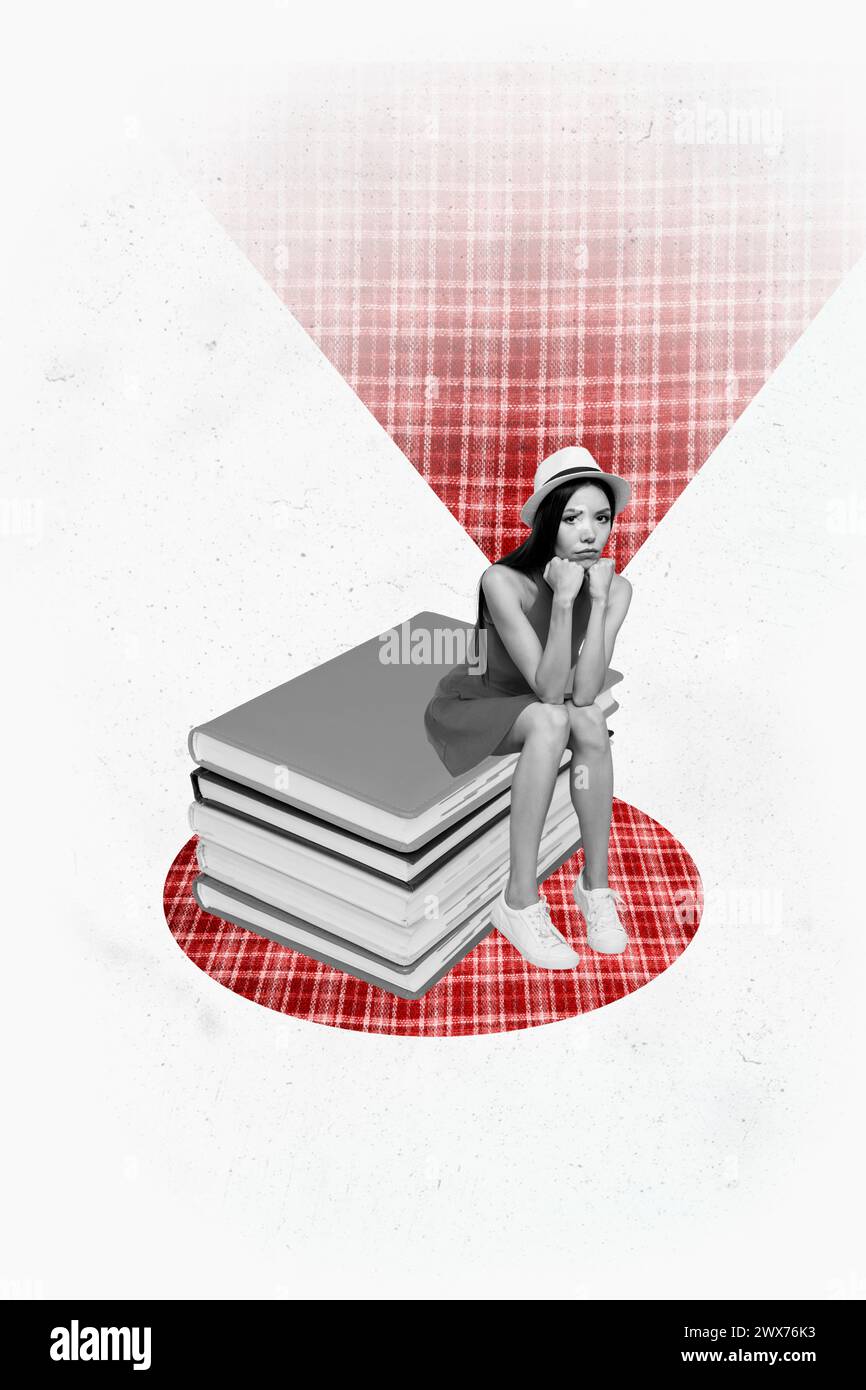Vertical graphics collage image of young girl sit stack book ...