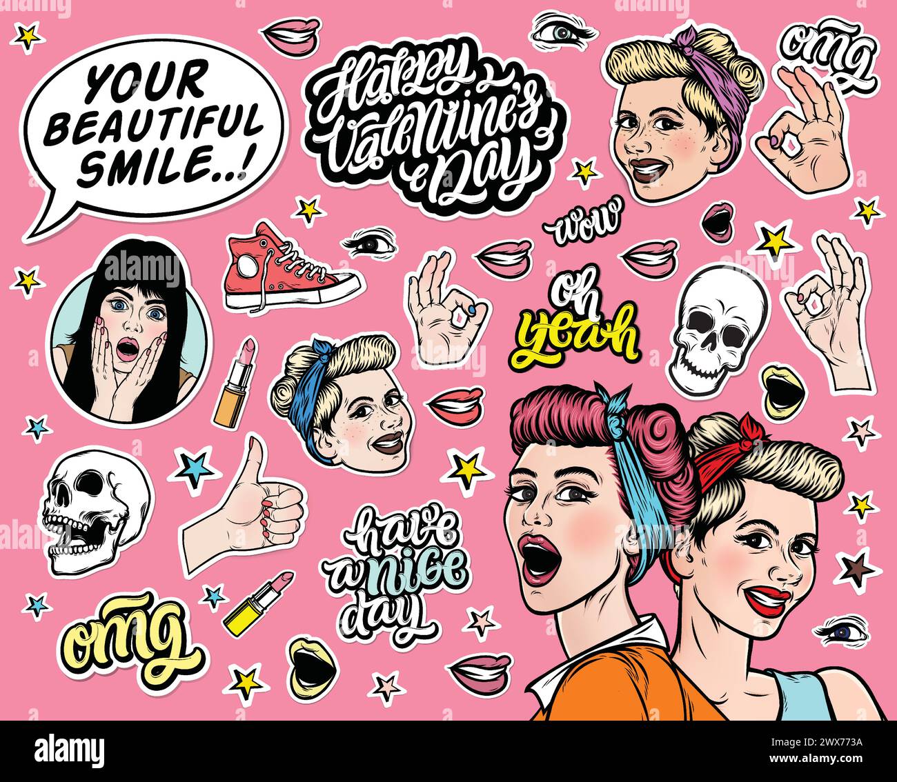 Vector sticker set. Smiling blonde girl, hand lettering quote "Oh Yeah ...