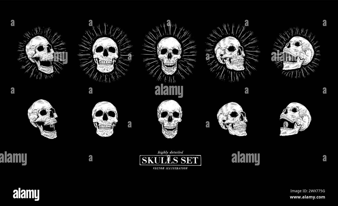 Vector skulls set in black background in retro tattoos old school ...