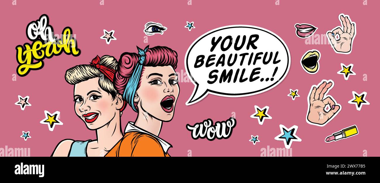 Vector sticker set. Smiling blonde girl, hand lettering quote "Oh Yeah ...