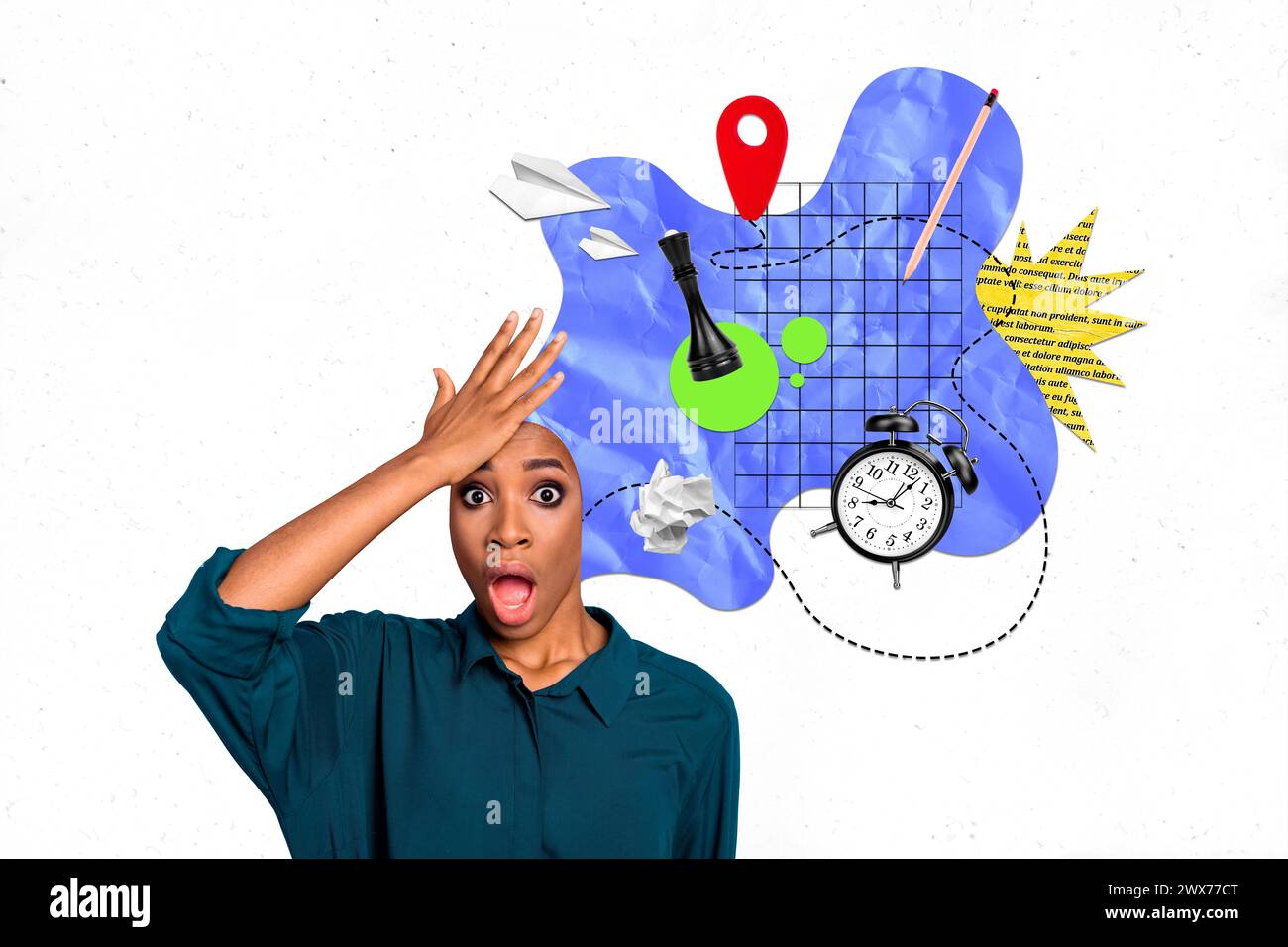 Creative collage of impressed minded girl hand forehead crumpled paper ...