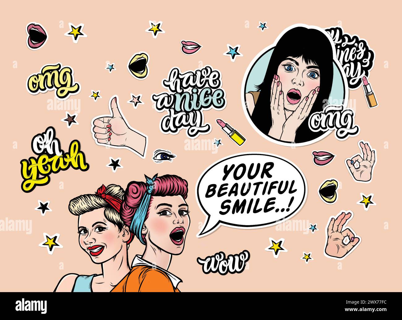 Vector sticker set. Smiling blonde girl, hand lettering quote "Oh Yeah ...