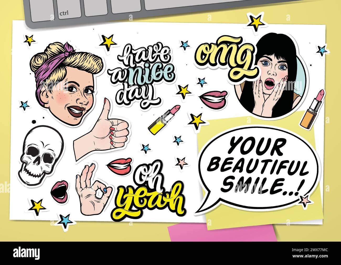 Vector sticker set. Smiling blonde girl, hand lettering quote "Oh Yeah ...