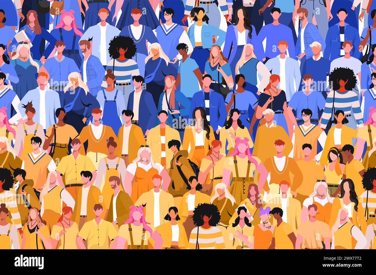 A large group of people are standing in clothes in blue and yellow ...