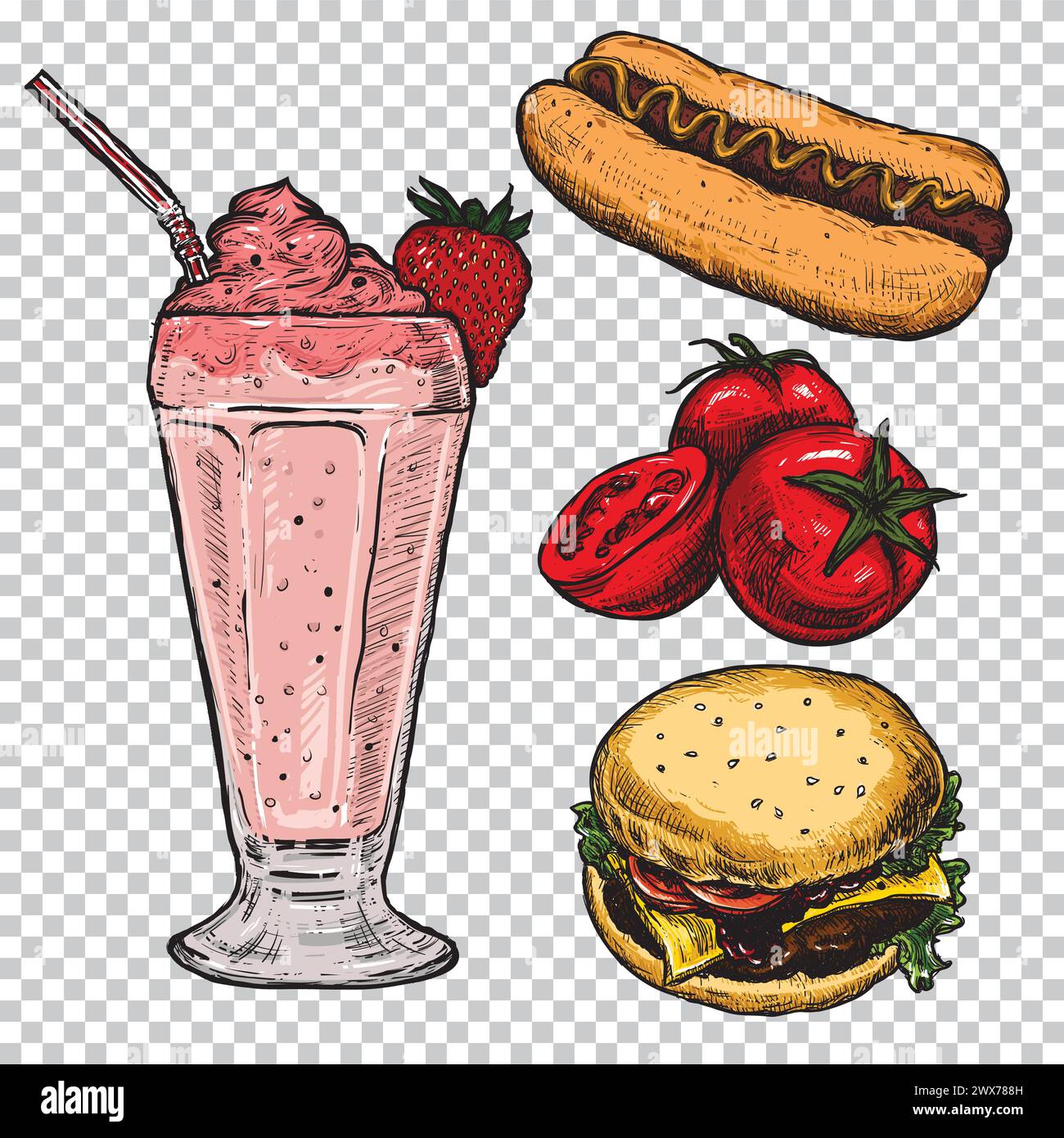 Vintage fast food poster. Hand drawn illustration. Hamburger, tomatoes ...