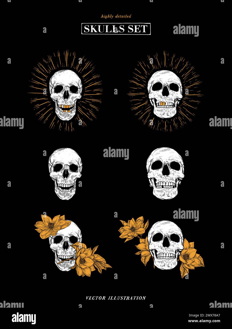 Vector skulls set in black background in retro tattoos old school ...