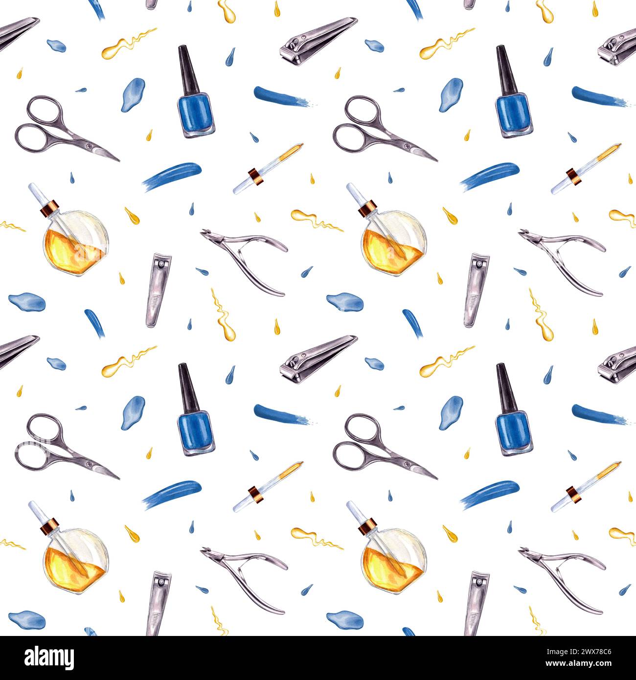 Manicure instruments with splashes. Nail blue polish, trimmer, cuticle ...