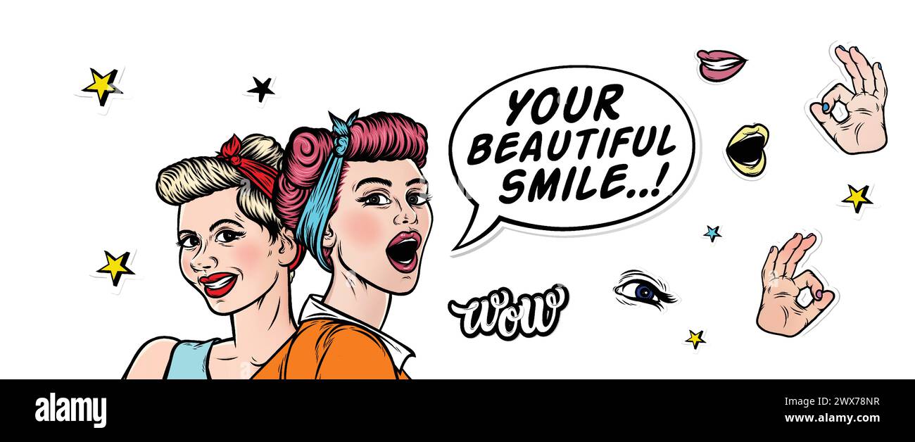 Vector sticker set. Smiling blonde girl, hand lettering quote "Oh Yeah ...