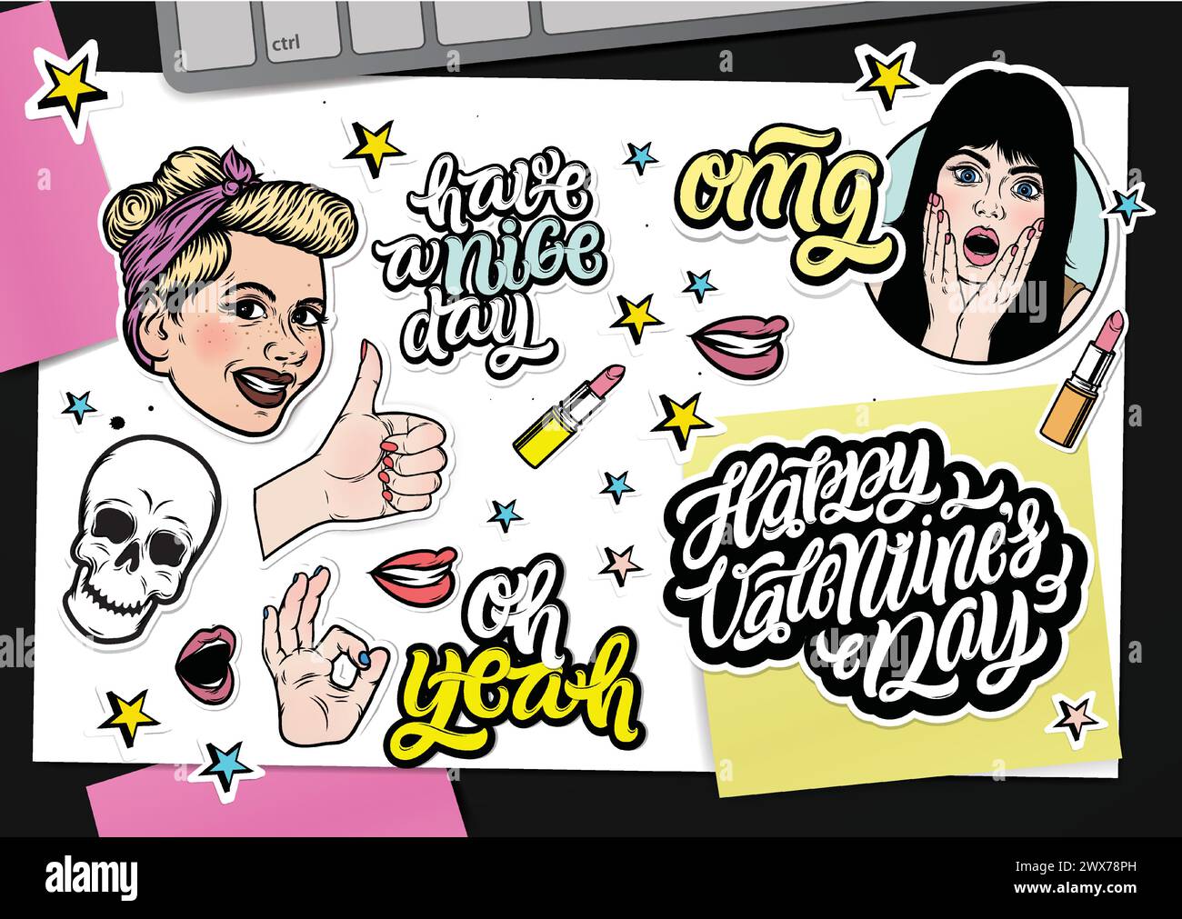 Vector sticker set. Smiling blonde girl, hand lettering quote "Oh Yeah ...