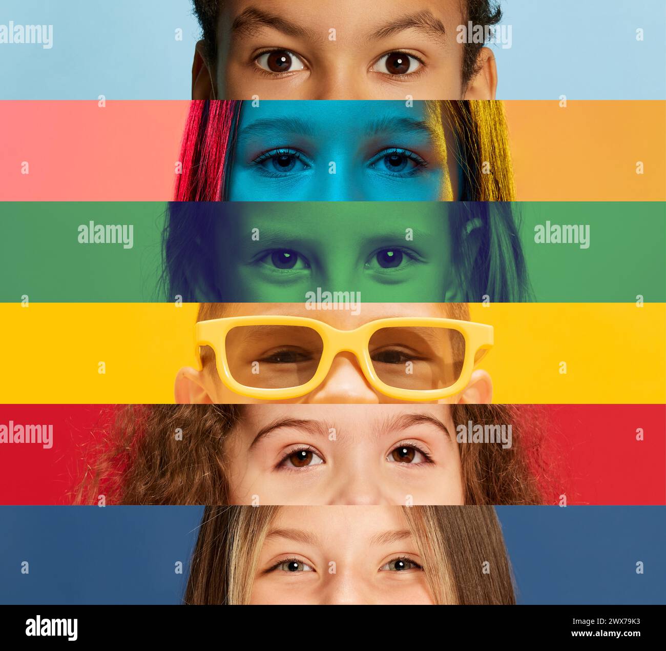 Striped collage. Eyes of cute, little children, schoolboys and ...