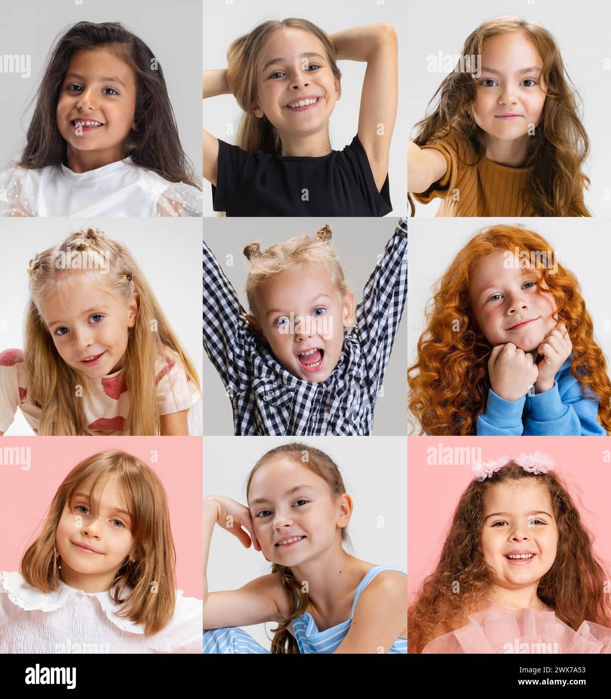 Mosaic of emotions. Portraits of cute little girls, children of ...