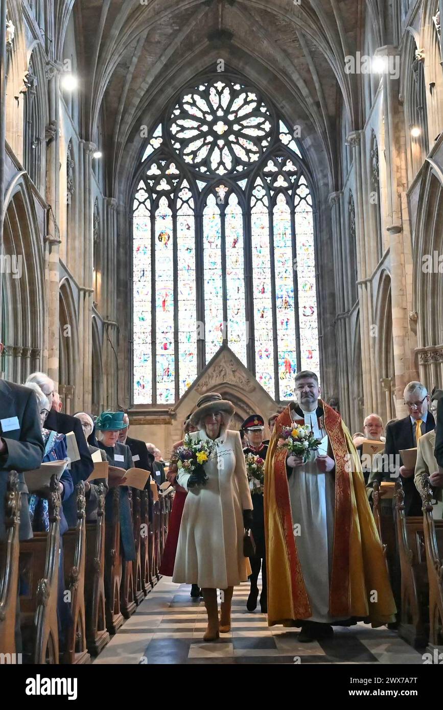 Queen Camilla walks with interim Dean of Worcester Cathedral, Reverend ...
