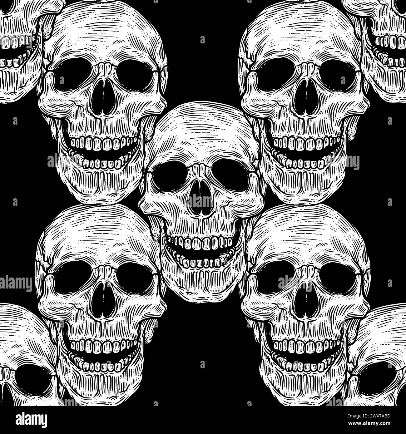 Vector seamless pattern with skulls in black background in retro ...