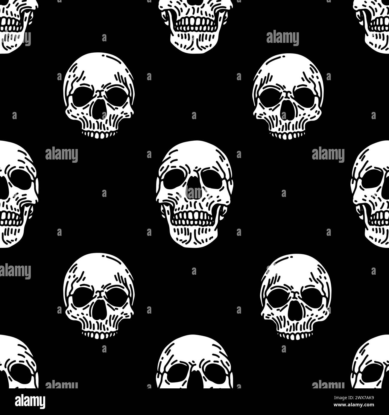 Vector seamless pattern with skulls in black background in retro tattoos old school, grunge ...