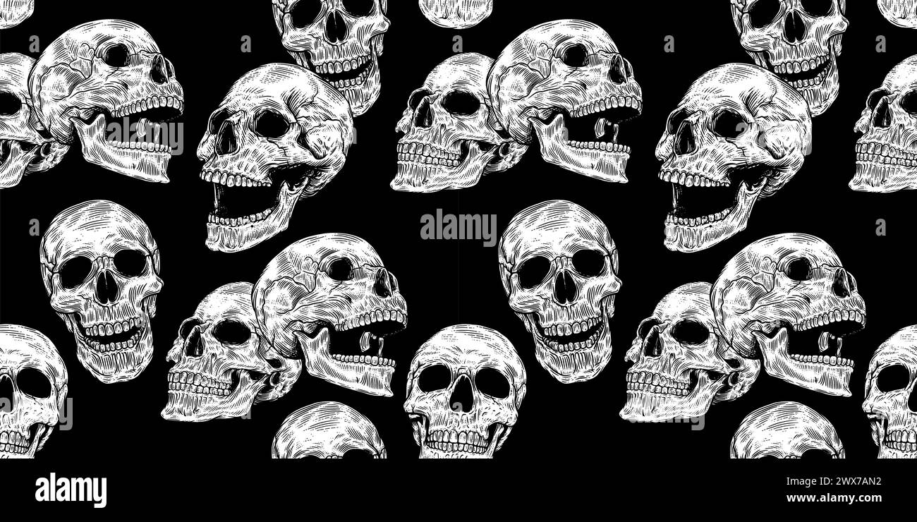 Vector seamless pattern with skulls in black background in retro ...
