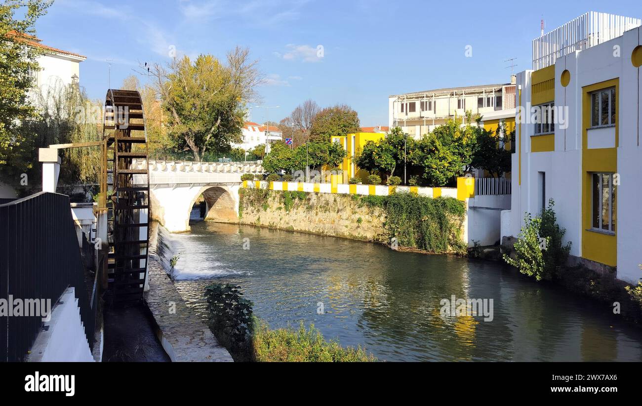 River Almonda, running by the Dukes Mill Park, with wooden water mill ...