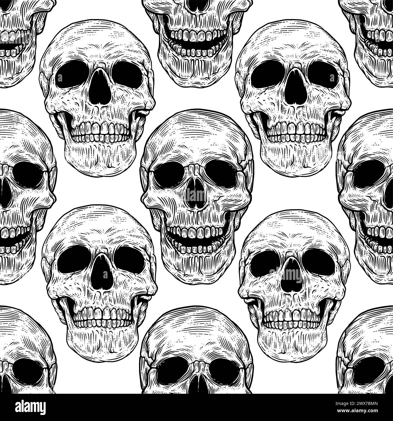 Vector seamless pattern with skulls in black background in retro ...