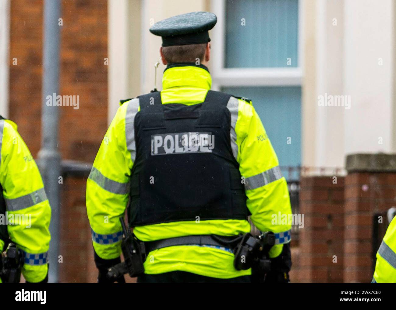 PSNI officers patrol the student area of Belfast known as the Holylands ...