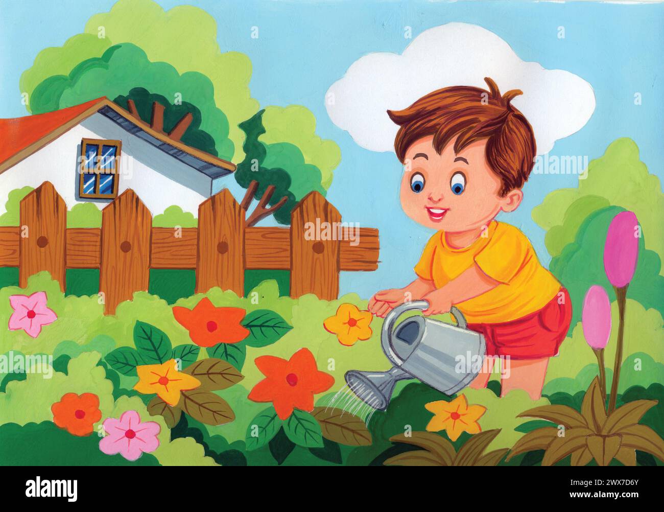 Watercolor boy watering plant Stock Photo - Alamy