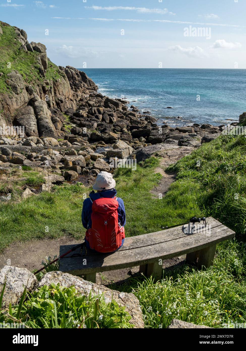 seat overlooking Porthgwarra Cove on the South Cornish coastal path in ...