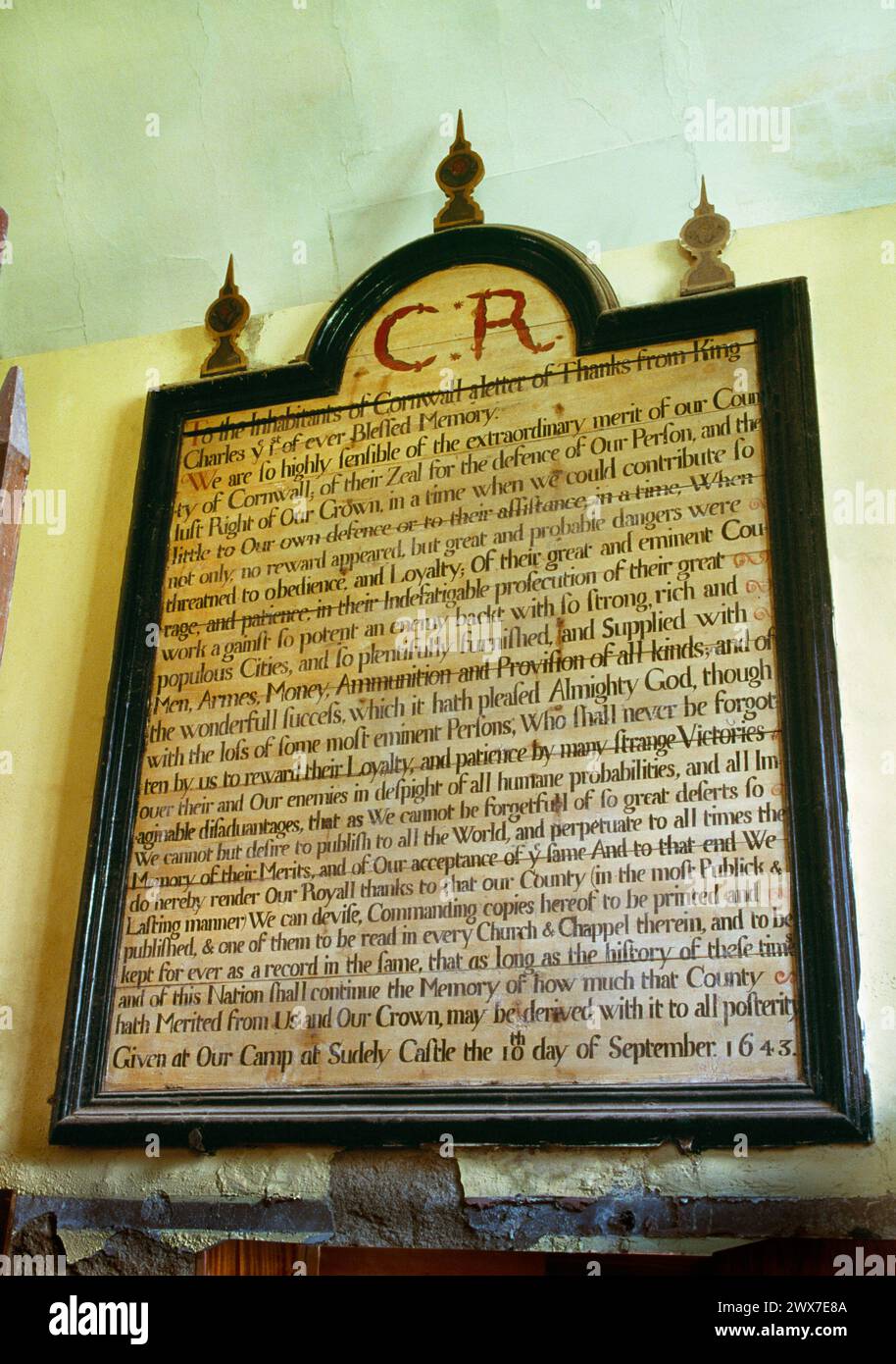 St Brevita's Church, Lanlivery, Cornwall. Letter from King Charles I ...