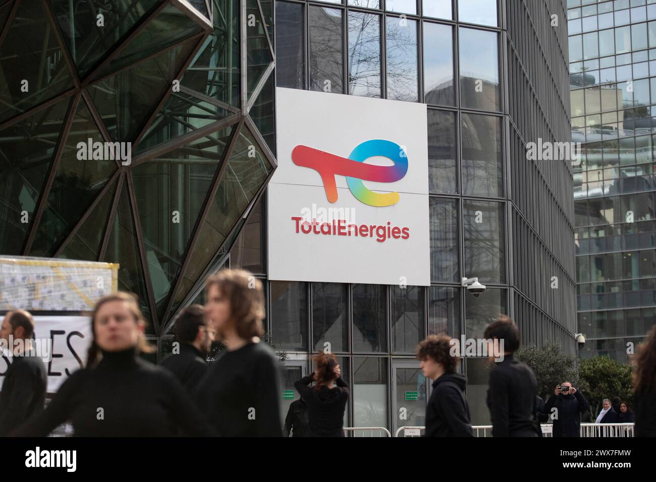 Paris, France. 28th Mar, 2024. Action in front of the Total Energies ...