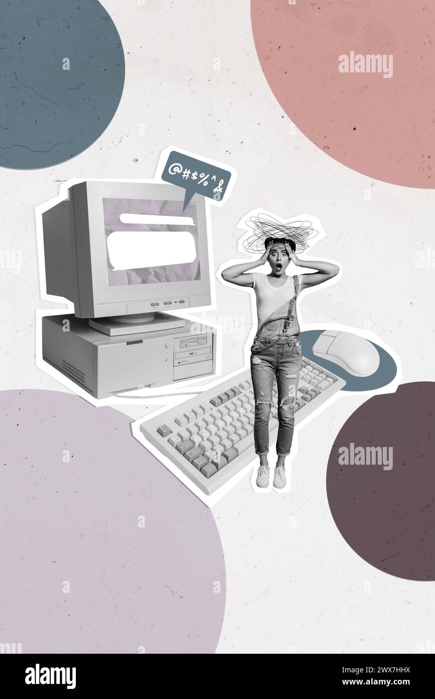 Collage artwork image of worried nervous stressed girls hand touch head ...