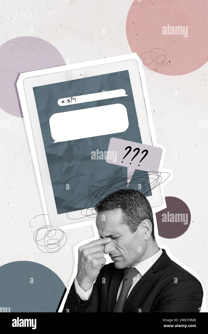 Vertical photo collage of tired businessman headache important letter ...