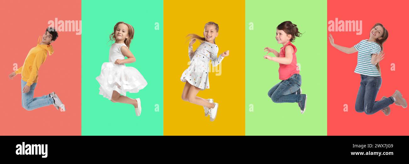 Group of children jumping on color backgrounds, set of photos Stock ...