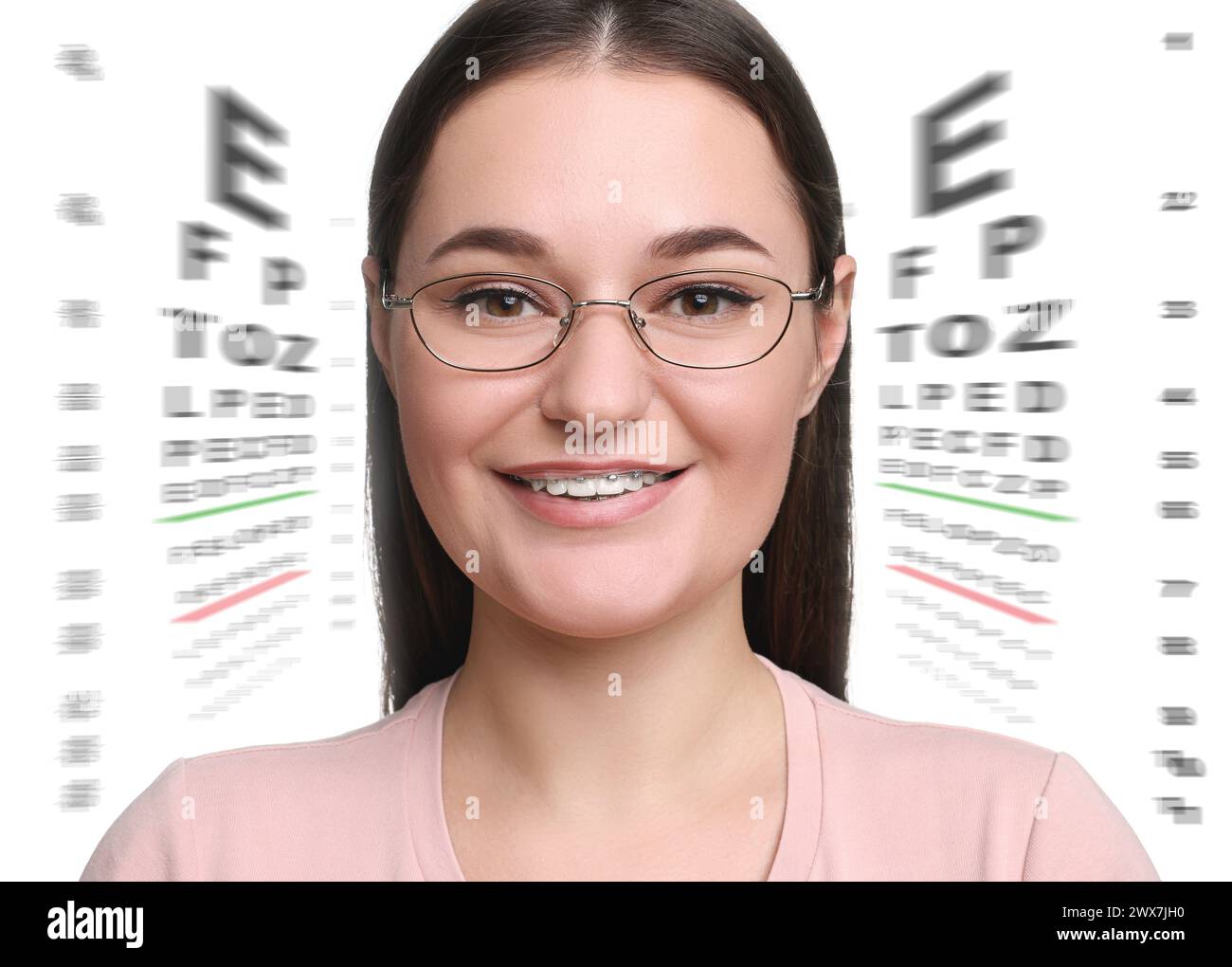 Vision test. Woman in glasses and eye chart on white background Stock ...