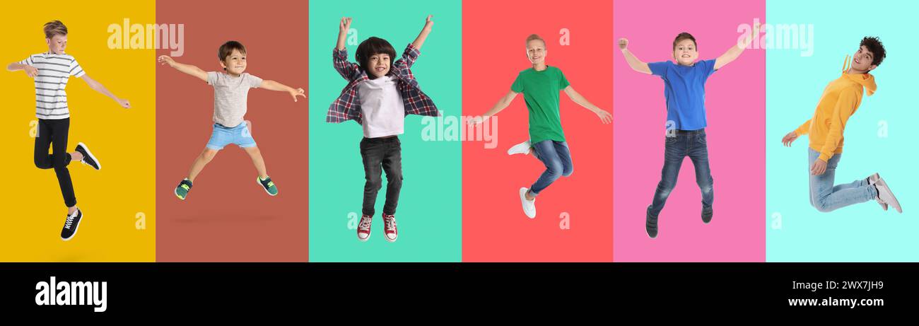 Group of children jumping on color backgrounds, set of photos Stock ...