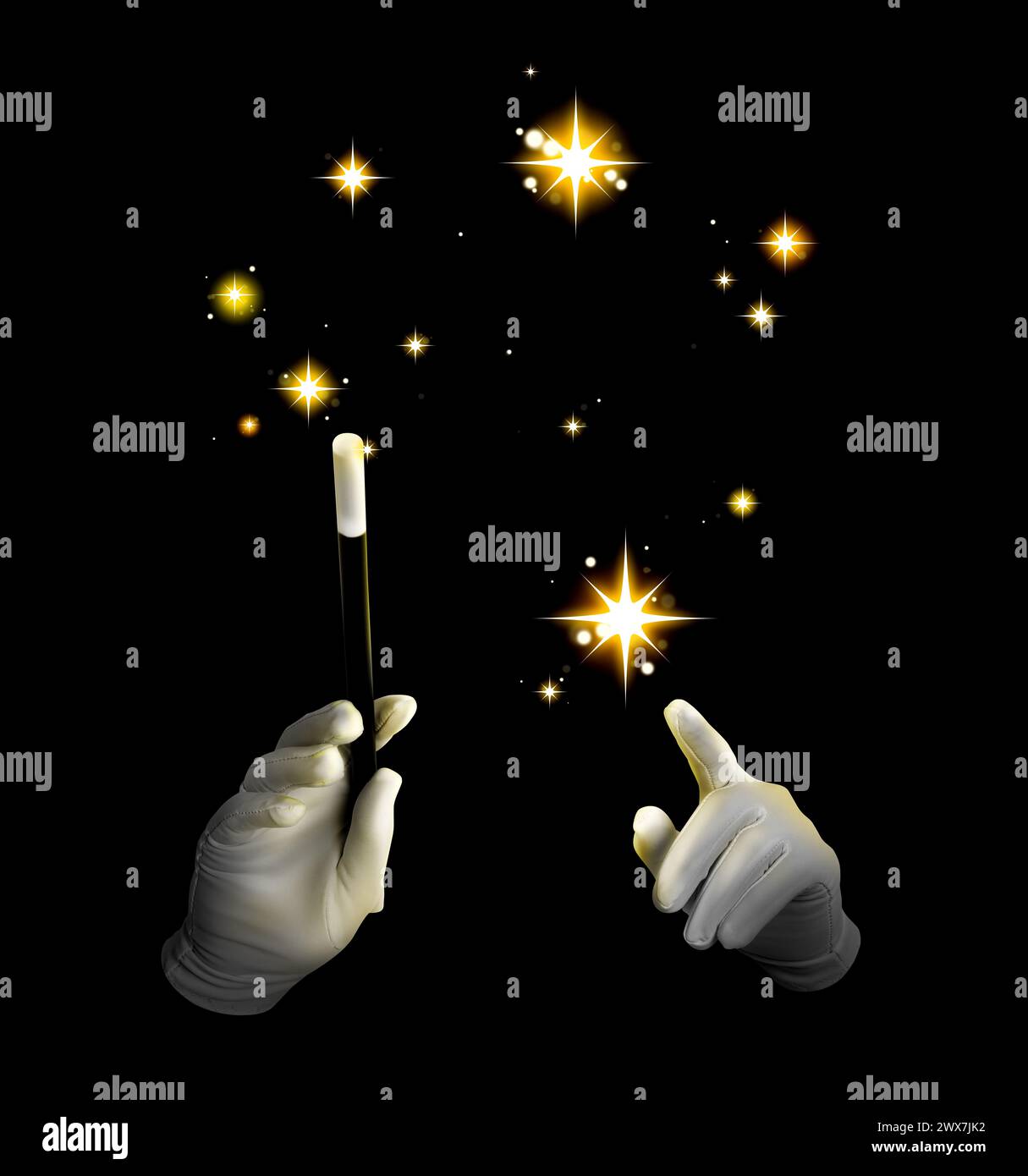 Magician with magic wand performing trick on black background, closeup ...