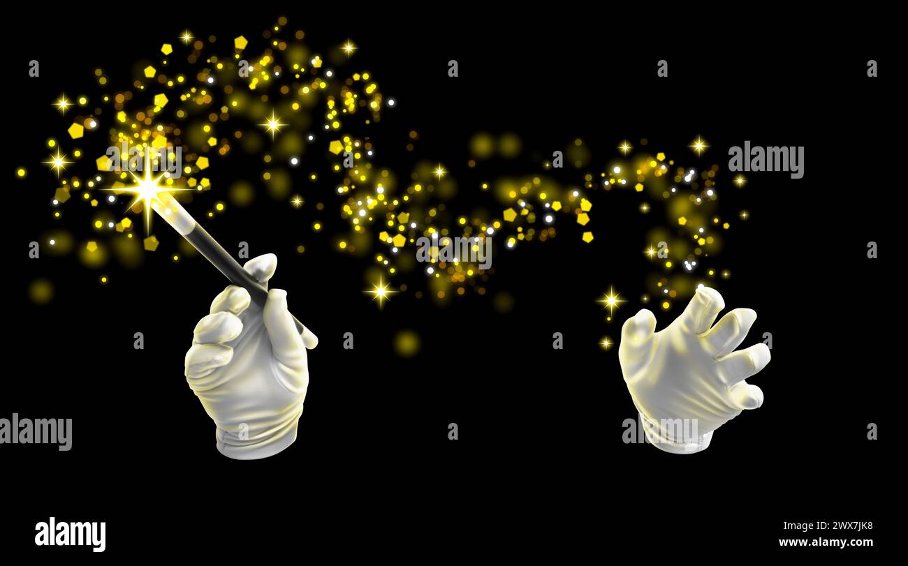 Magician with magic wand performing trick on black background, closeup ...