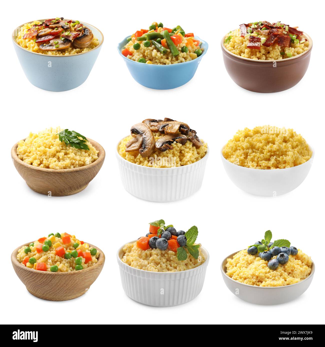 Tasty millet porridge in bowls isolated on white, set Stock Photo - Alamy