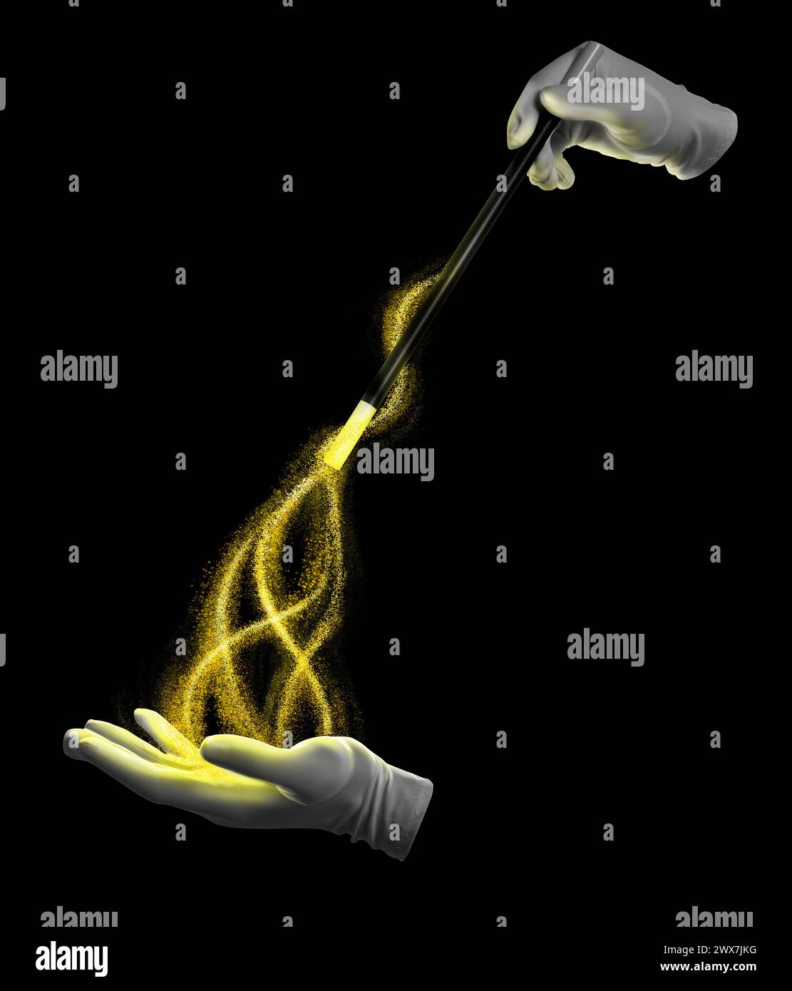 Magician with magic wand performing trick on black background, closeup ...