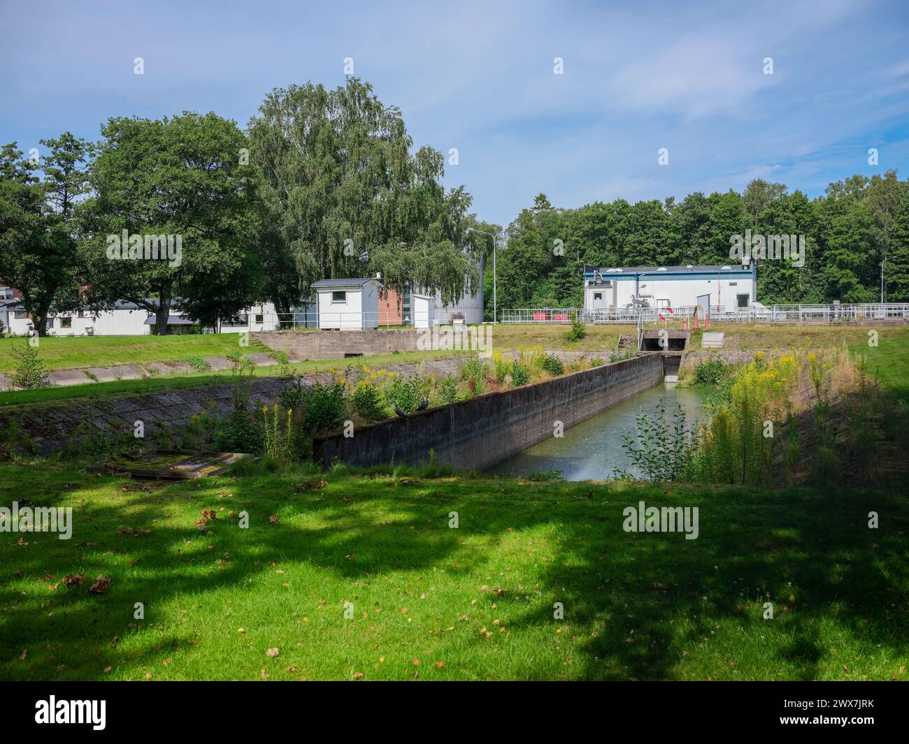 View of water basins in a sewage processing plant. There are lush ...