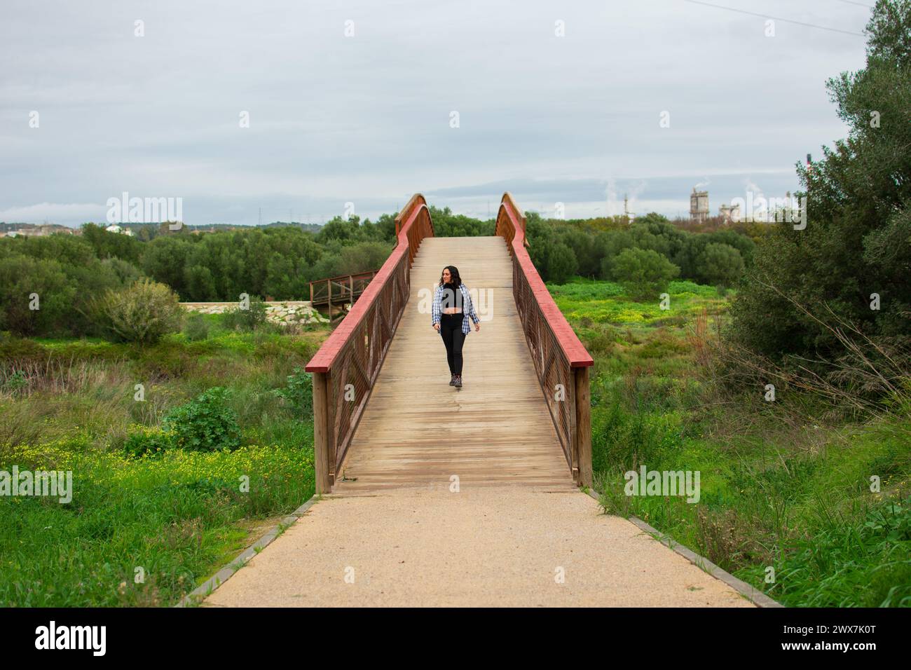young brunette parades across the park bridge Stock Photo - Alamy