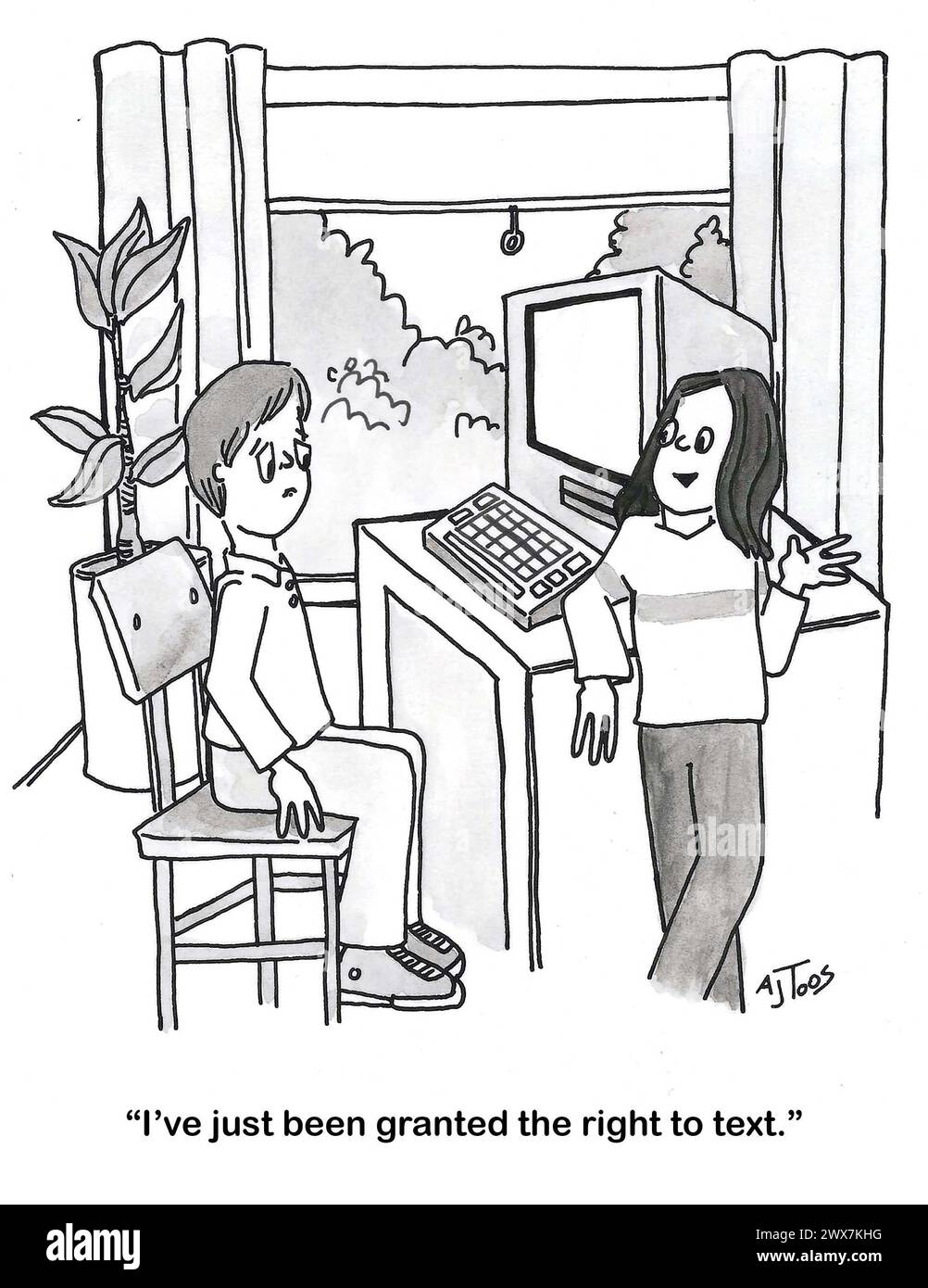 BW cartoon of a young teen girl bragging she now has permission to text ...