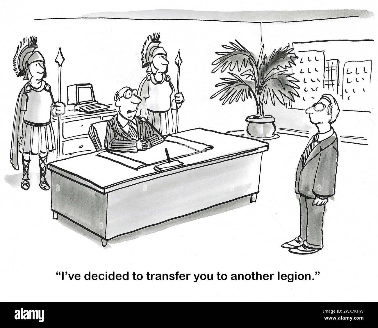 BW cartoon of a company made up of legions, the manager is being ...