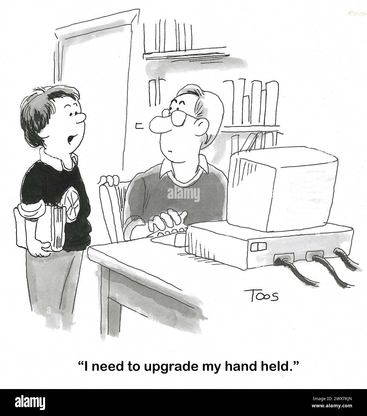 BW cartoon of a father on an old-timer computer, and his son is wanting ...