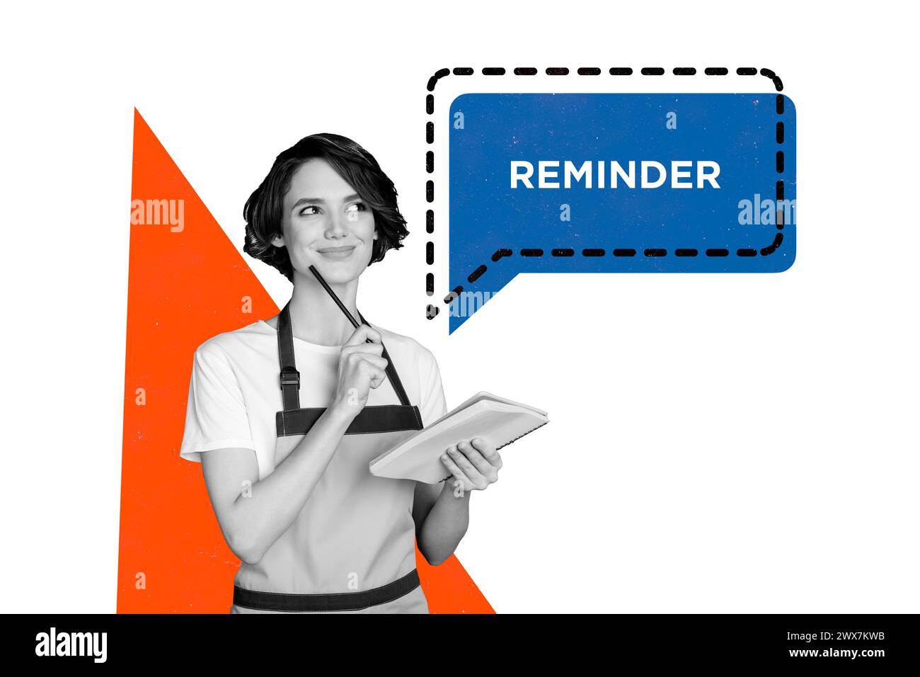 Composite collage image of nice cute lady hold pencil notepad write ...