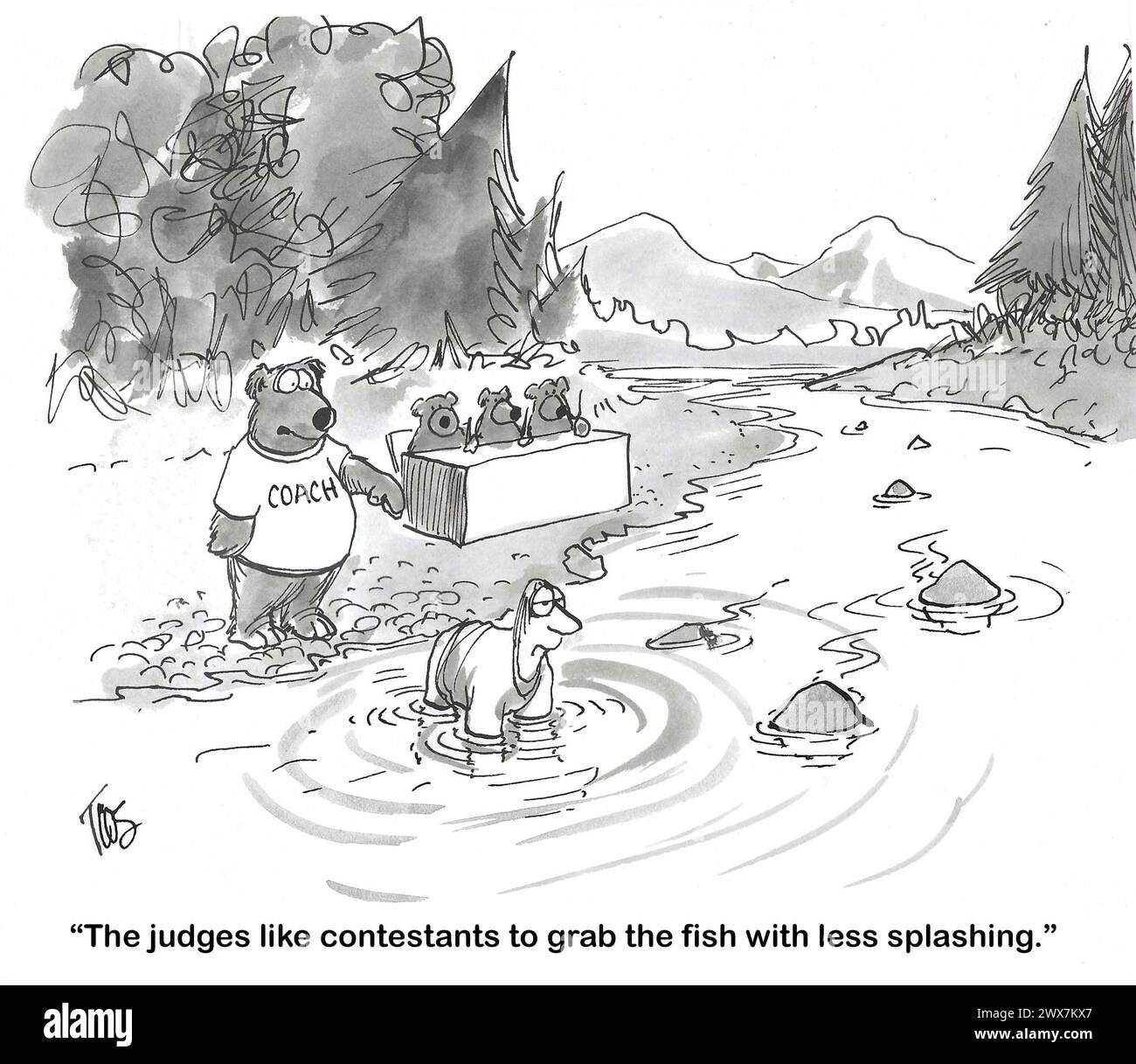 BW cartoon of bears judging whether the human can fish in their stream ...