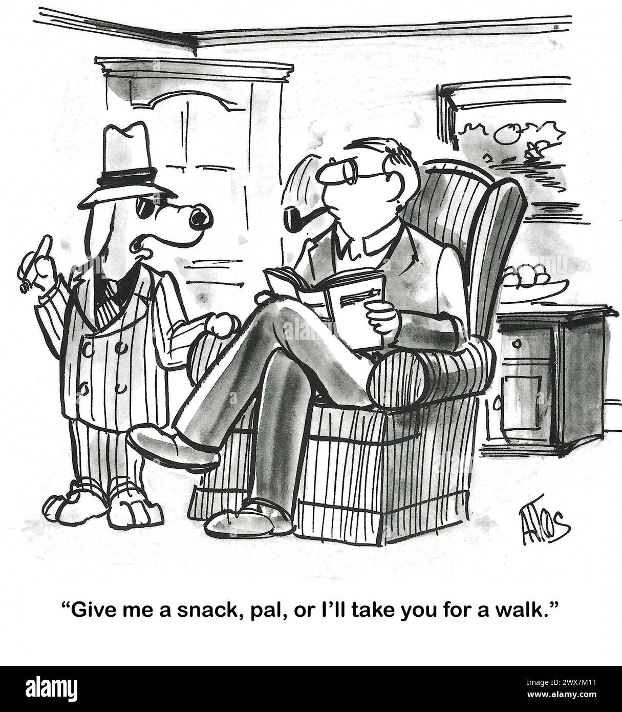 BW cartoon of a mafia dog wanting a snack or else Stock Photo - Alamy