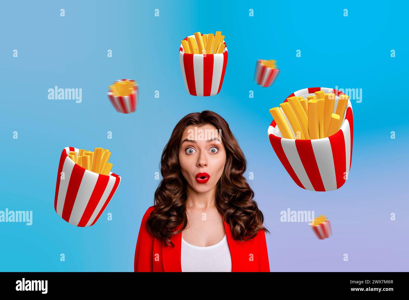 Creative picture photo young astonished gorgeous woman blow lips potato ...